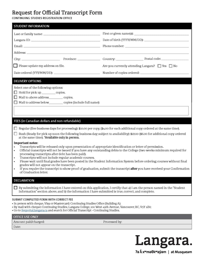 Official Transcript - Continuing Studies – Langara Fee Payment Portal