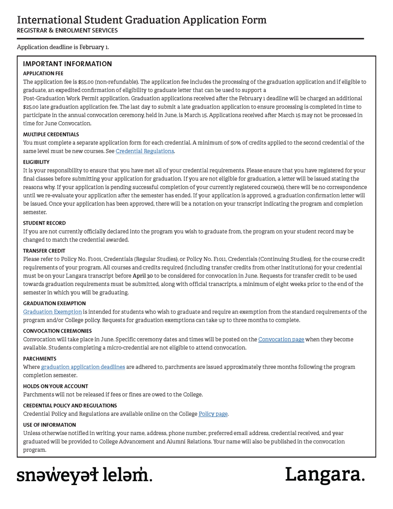 LATE Graduation Application – Langara Fee Payment Portal